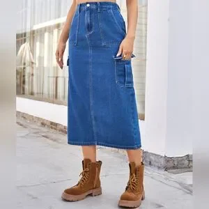 Skirts | Highrise Midi Retro Cargo Side Pocket Elastic Waist Denim Jean ...